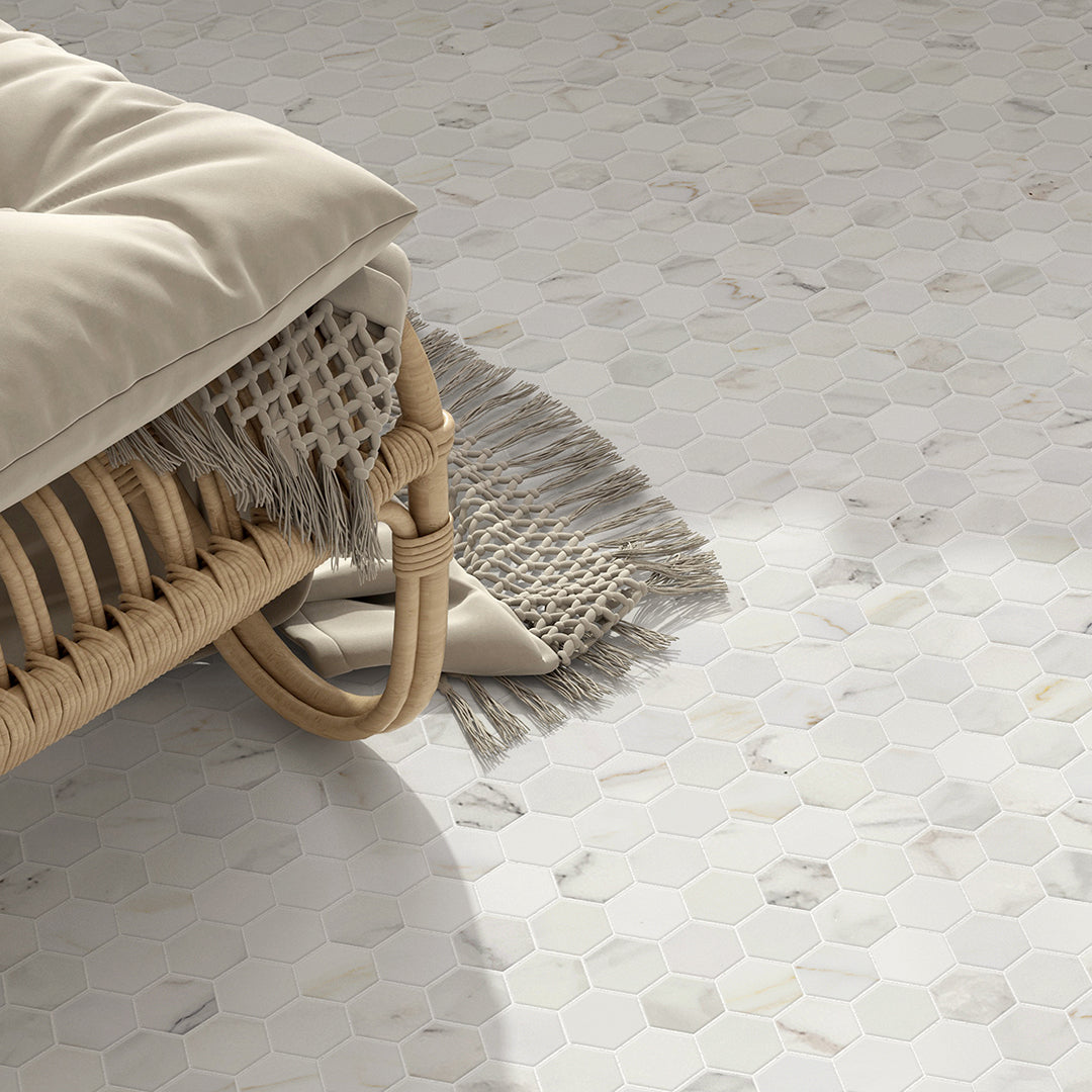 4CM HEXAGON CALACATTA GOLD HONED - ESSENTIAL MOSAIC | DULCET TILE