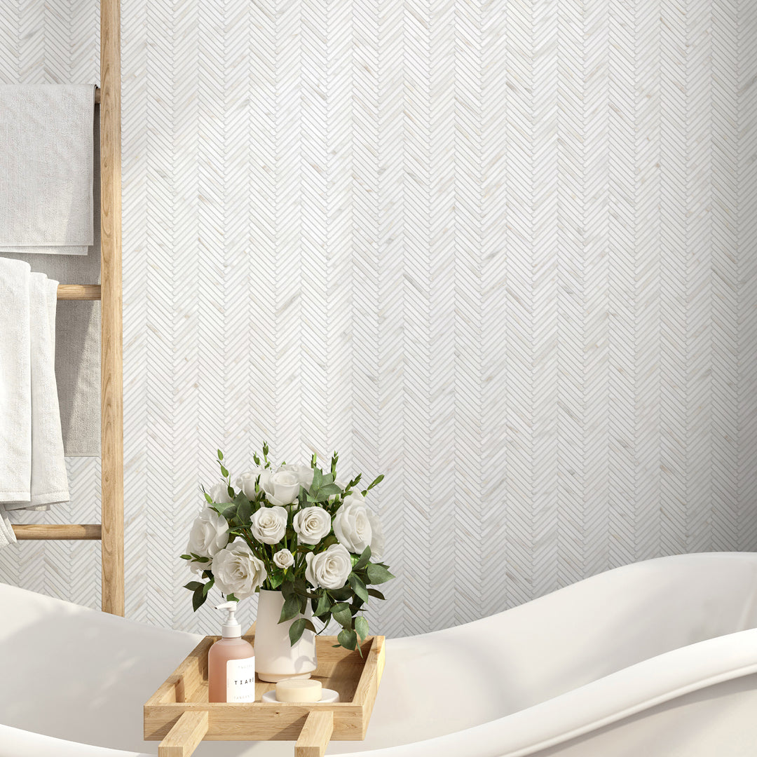 MINI HERRINGBONE CALACATTA GOLD TUMBLED - ESSENTIAL MOSAIC | DULCET TILE – DULCET TILE INC